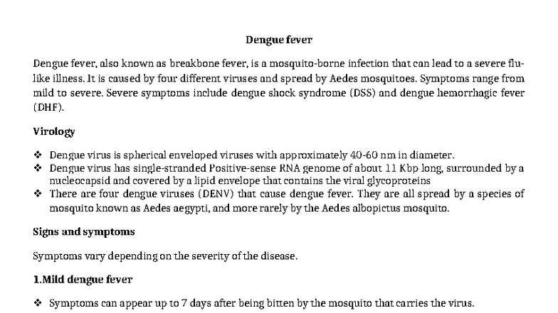 Dengue Fever Overview: Symptoms, Virology, and Complications - Studocu