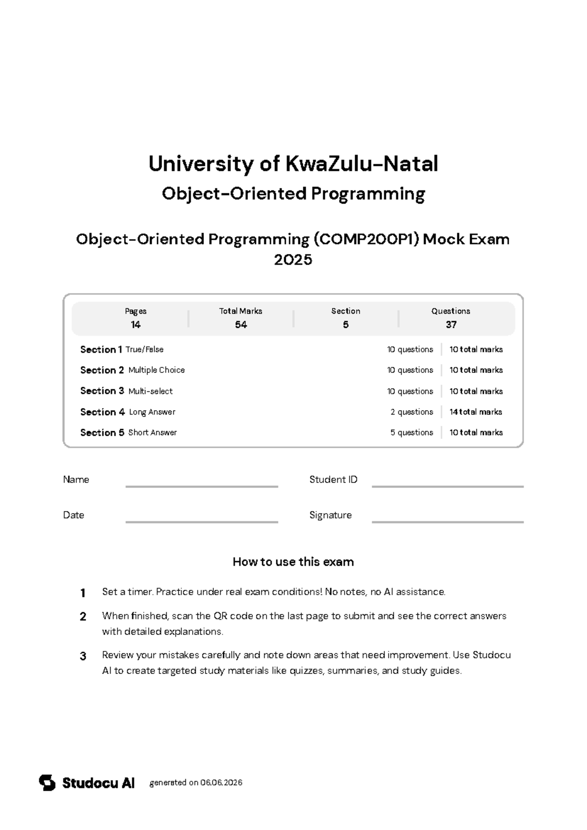 Object-Oriented Programming (COMP200P1) Mock Exam 2025 - Studocu