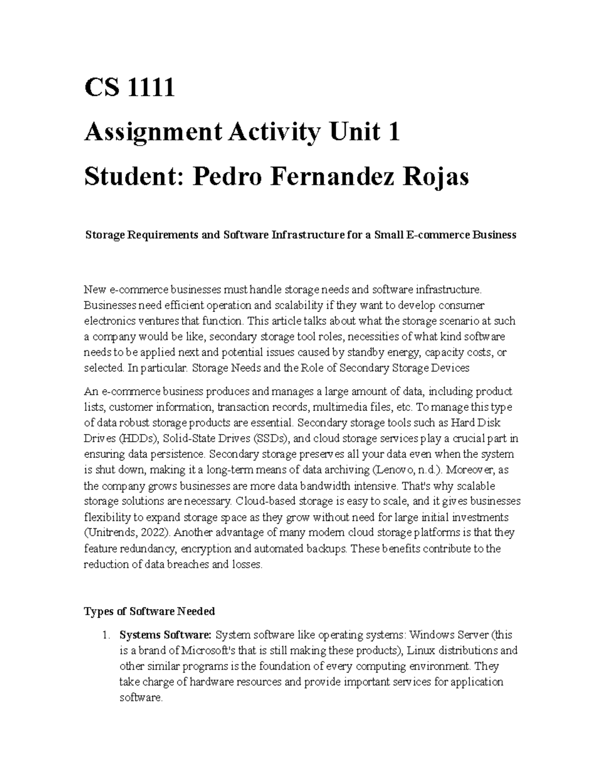 CS 1111 Assignment 1 - Storage Needs for E-commerce Solutions - Studocu