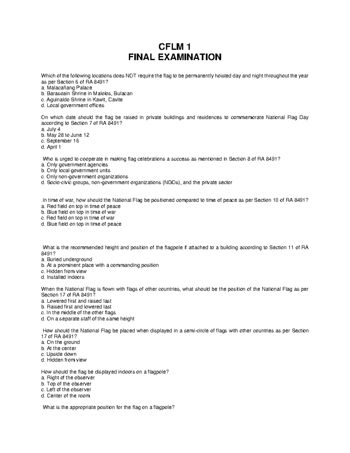 CFLM-1 Final Exam Review: Key Questions on RA 8491 - Studocu