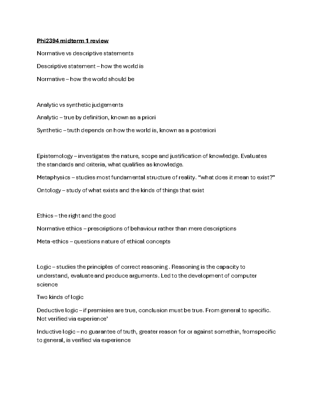 PHI2394 Midterm 1 Review: Normative vs Descriptive Statements - Studocu