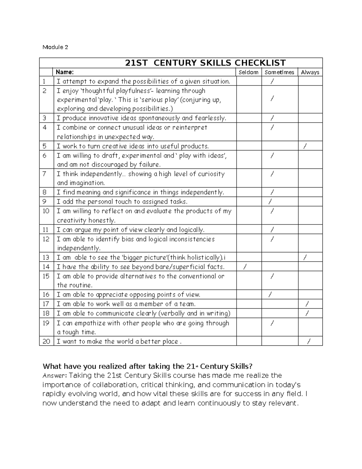 Module 2 - 21st Century Skills Checklist and Reflection - Studocu