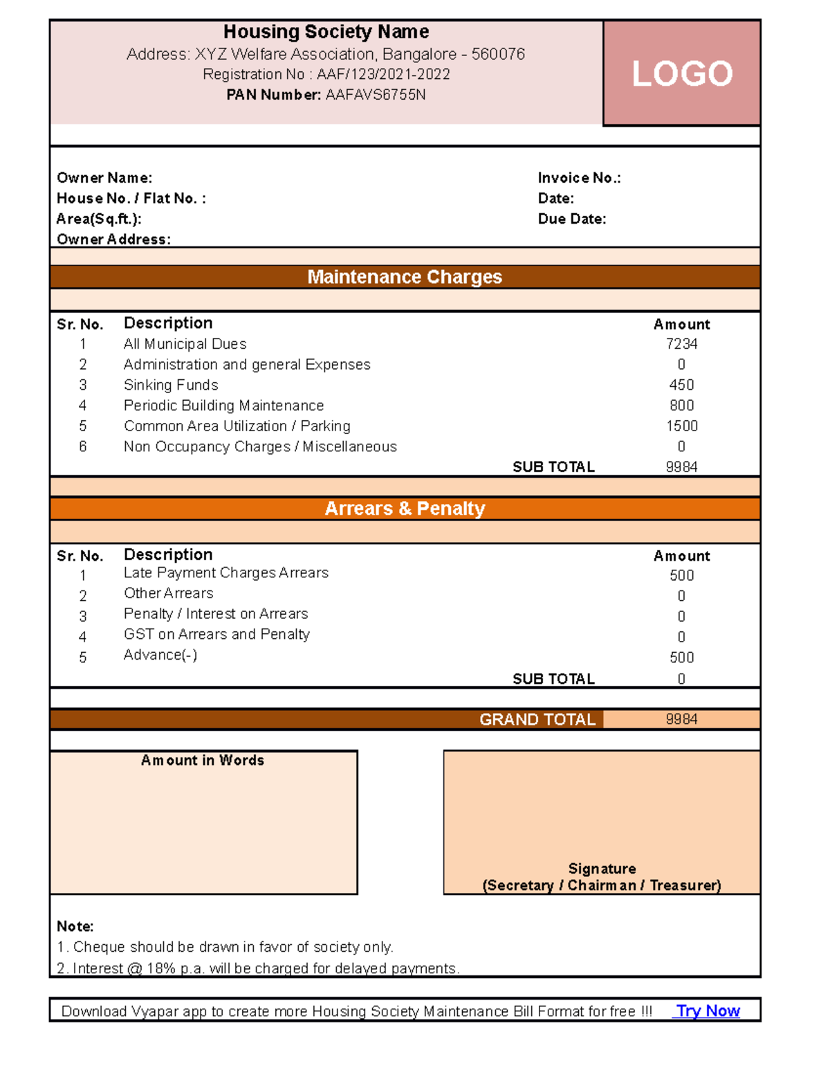Housing Society Maintenance Bill Format - Sample Template 01 - Studocu