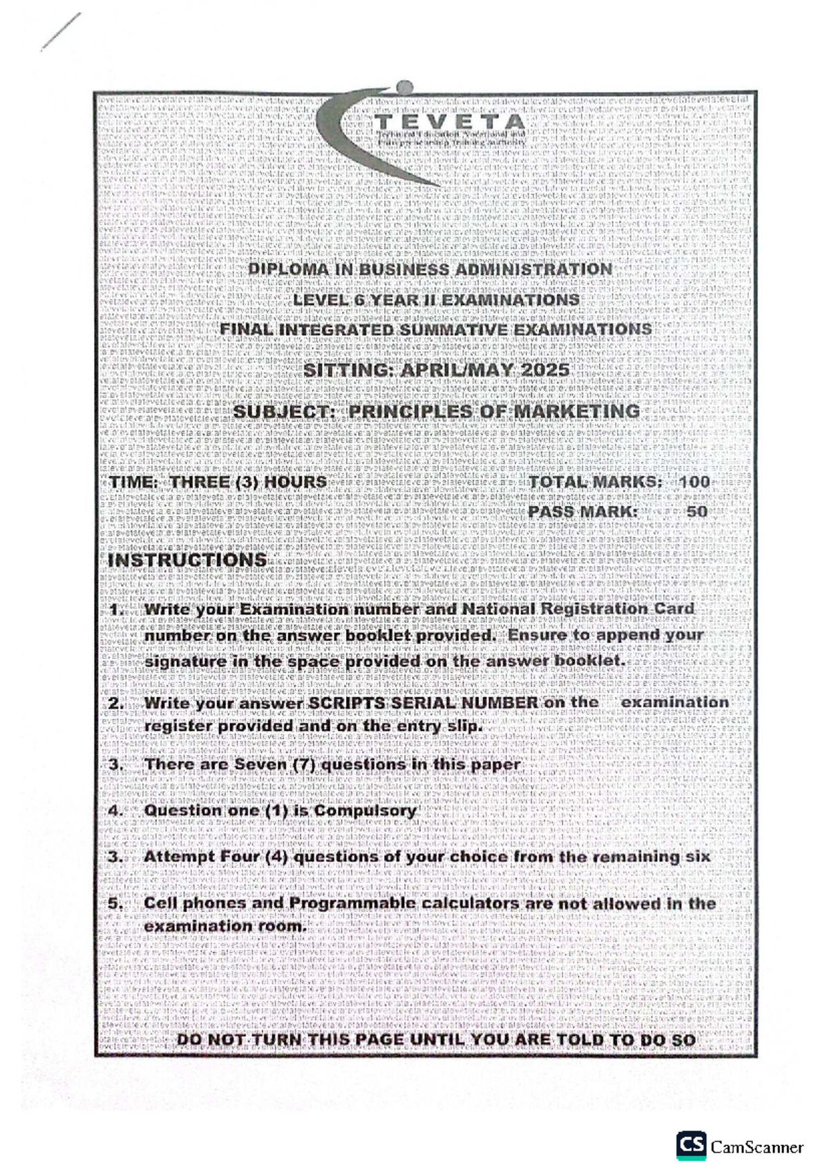 TEVETA Diploma in Business Administration Level 6 Year II Final Exam ...