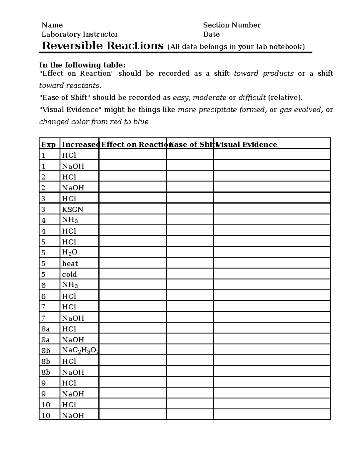 Reversible Reactions - Name Section Number Laboratory Instructor Date ...