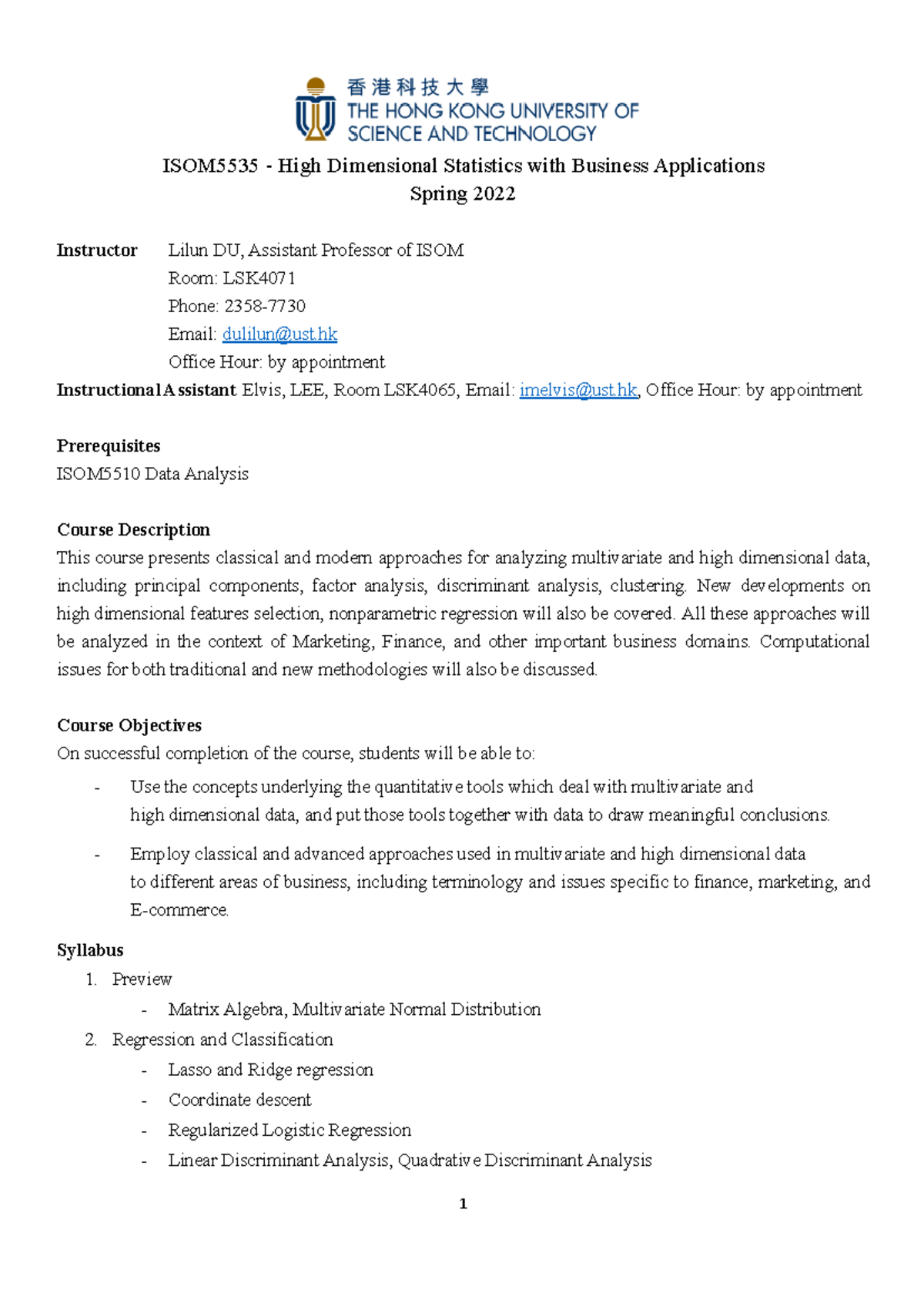 ISOM5535 High Dimensional Statistics Course Overview Spring 2022 - Studocu