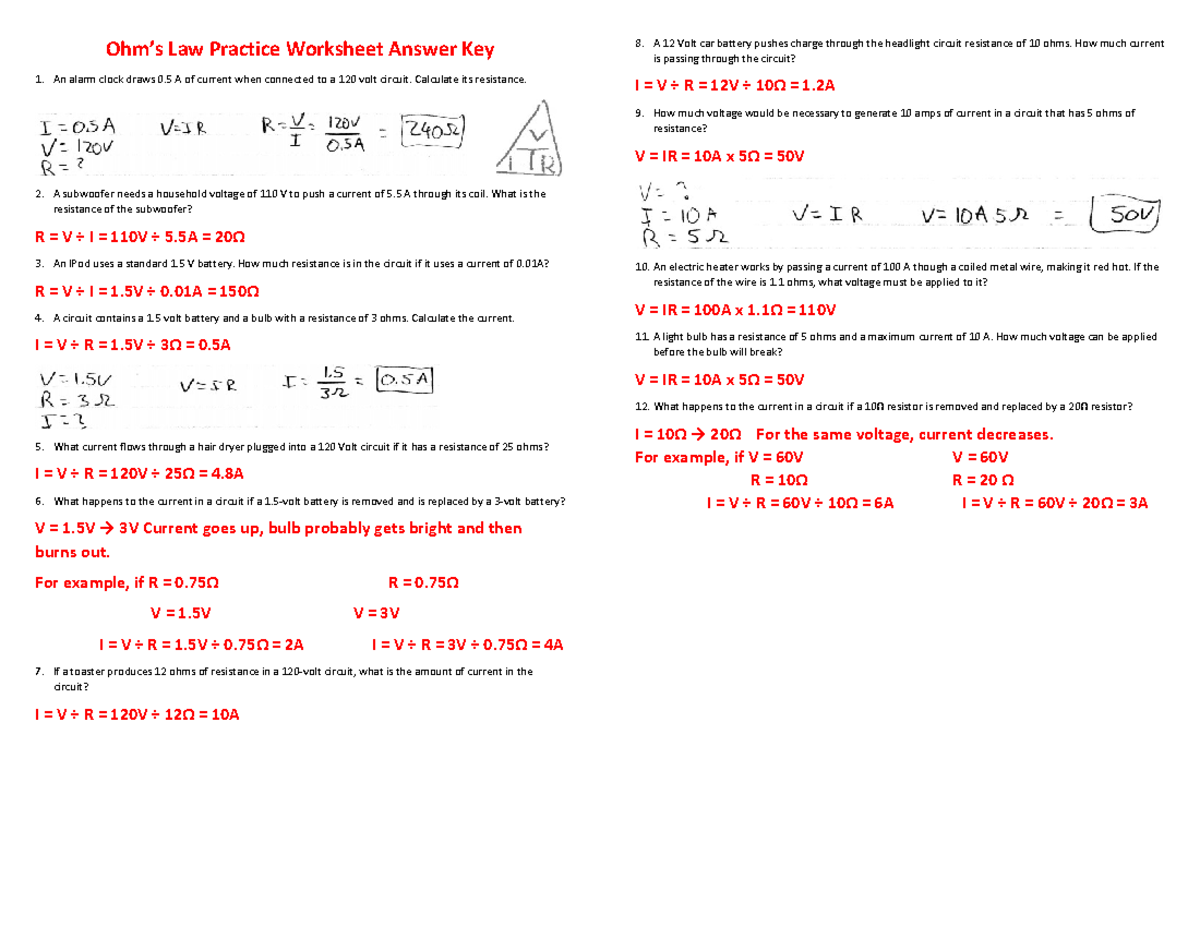 Ohm's Law Worksheet Answer Key for Physics 101 - Studocu