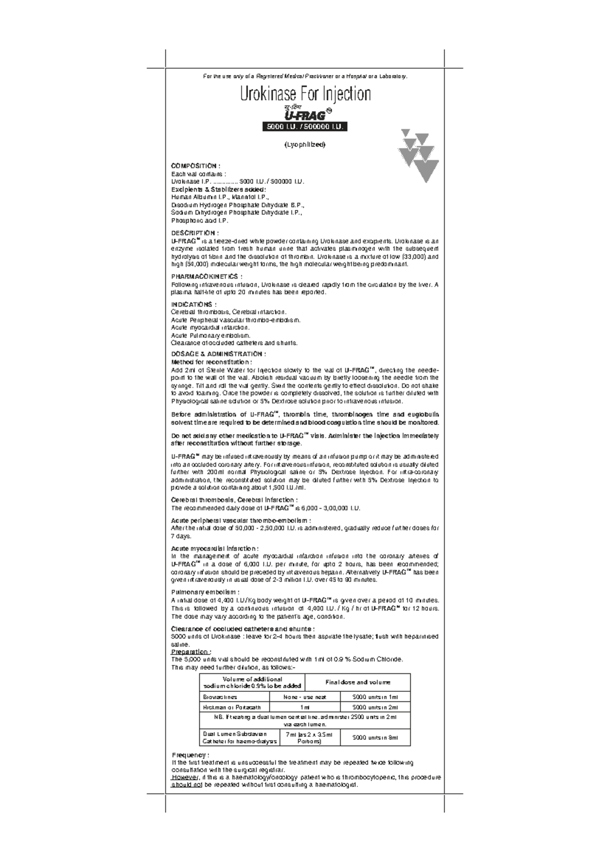 U-FRAG-5000: Urokinase Injection Guidelines and Administration Notes ...