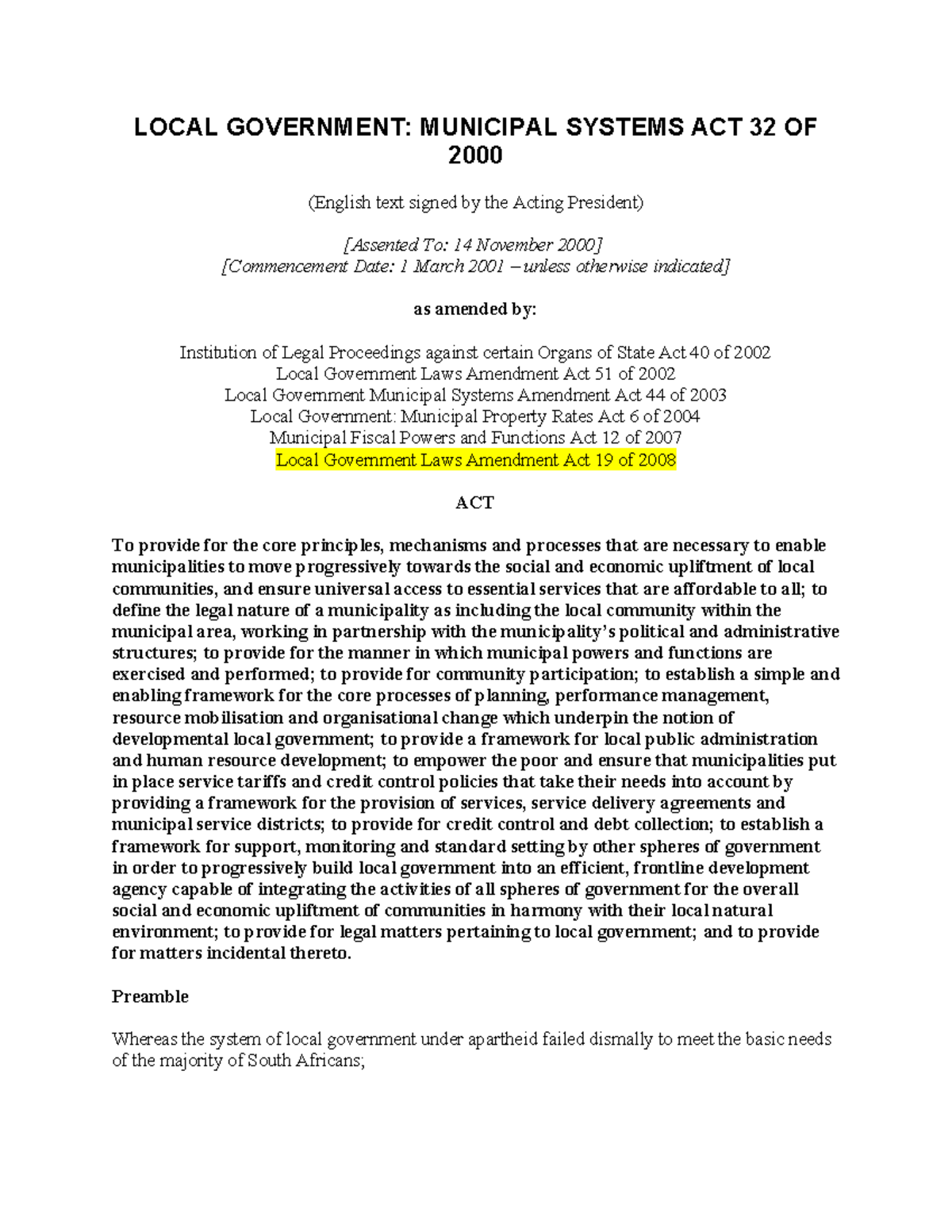 Local Government Municipal Systems Act No. 32 of 2000 - Overview and ...