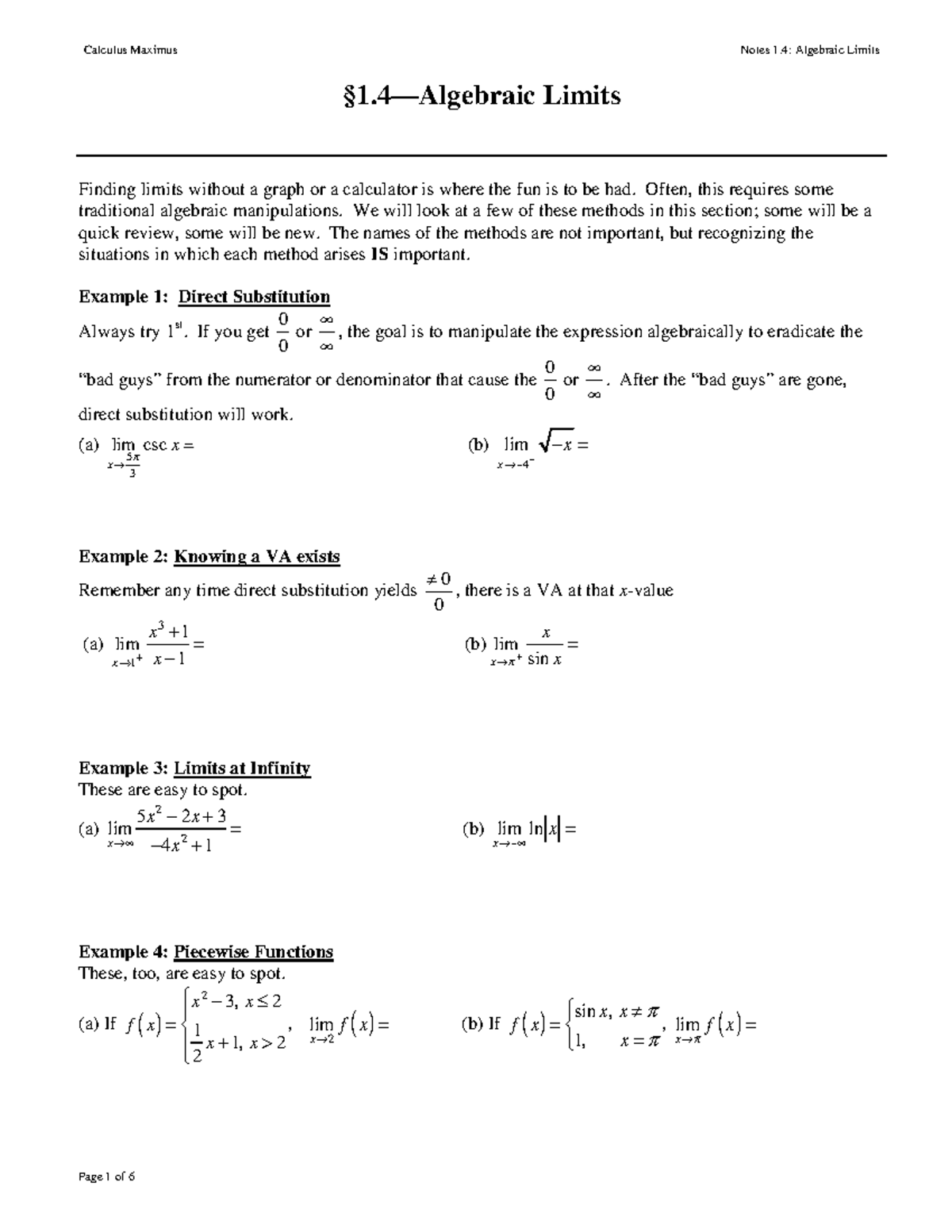 Calculus Maximus Notes 01.4: Algebraic Limits Techniques - Studocu