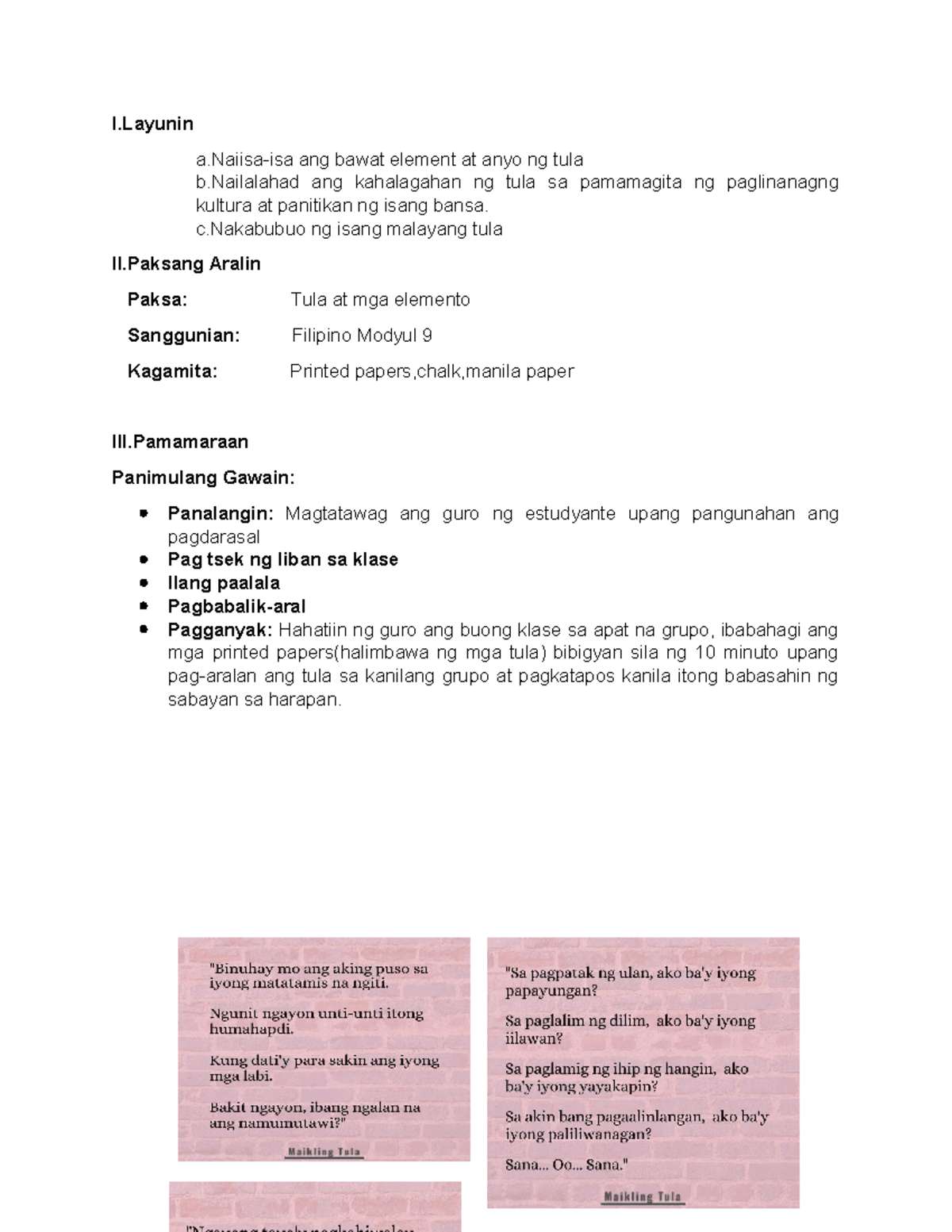 Argie tula lp - lesson plan - I a-isa ang bawat element at anyo ng tula ...