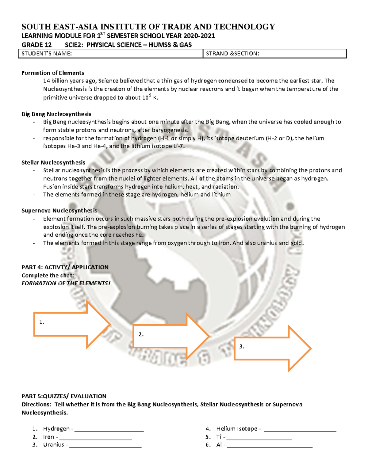 SCIE2: Grade 12 Physical Science - Formation of Elements Notes - Studocu