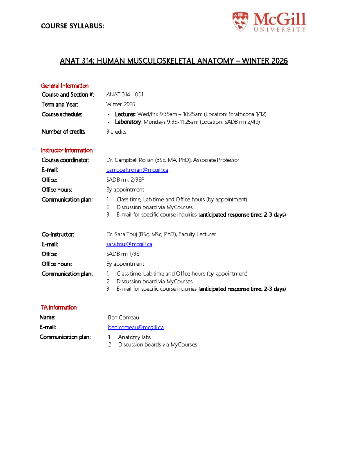 ANAT 314 W26: Human Musculoskeletal Anatomy Course Syllabus - Studocu
