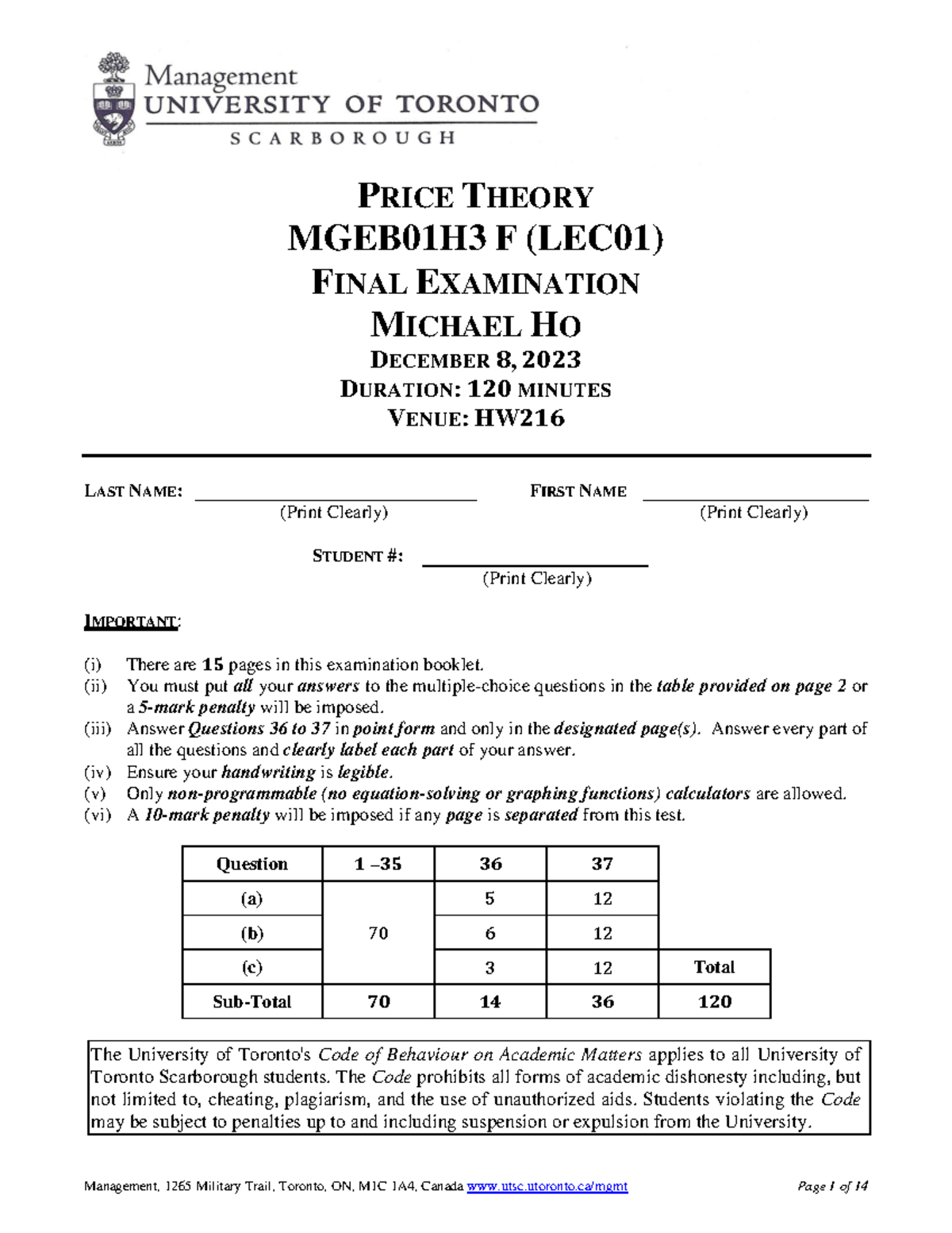 PRICE THEORY MGEB01H3 F (LEC01) FINAL EXAMINATION DECEMBER 2023 - Studocu