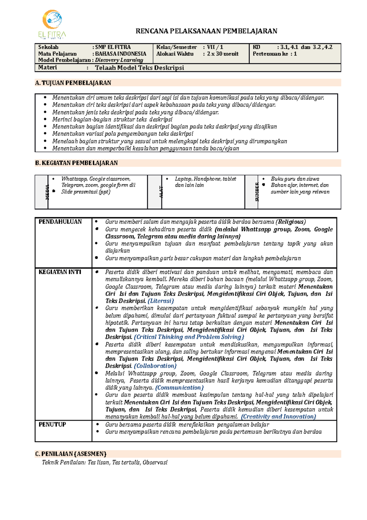 RPP Microteaching BAHASA INDONESIA Kelas VII - Semester 1 - Studocu