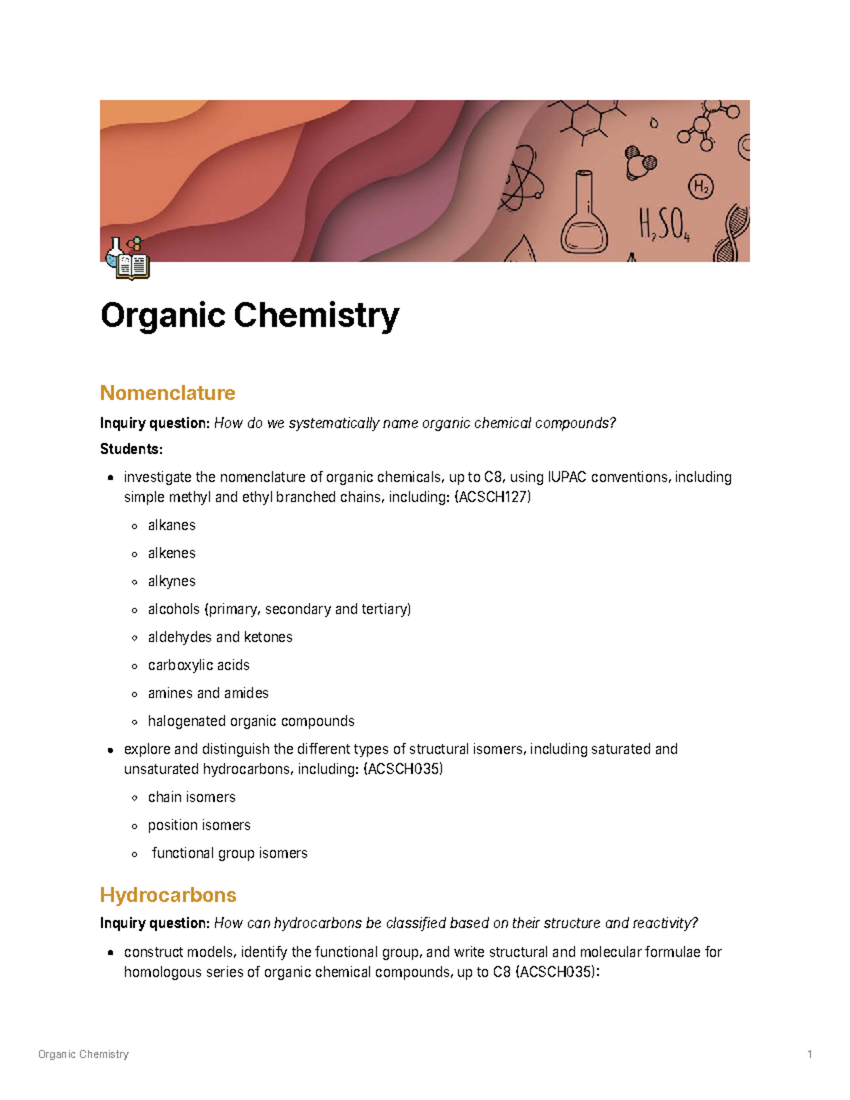 Organic Chemistry Nomenclature and Hydrocarbon Reactions (ACSCH127 ...