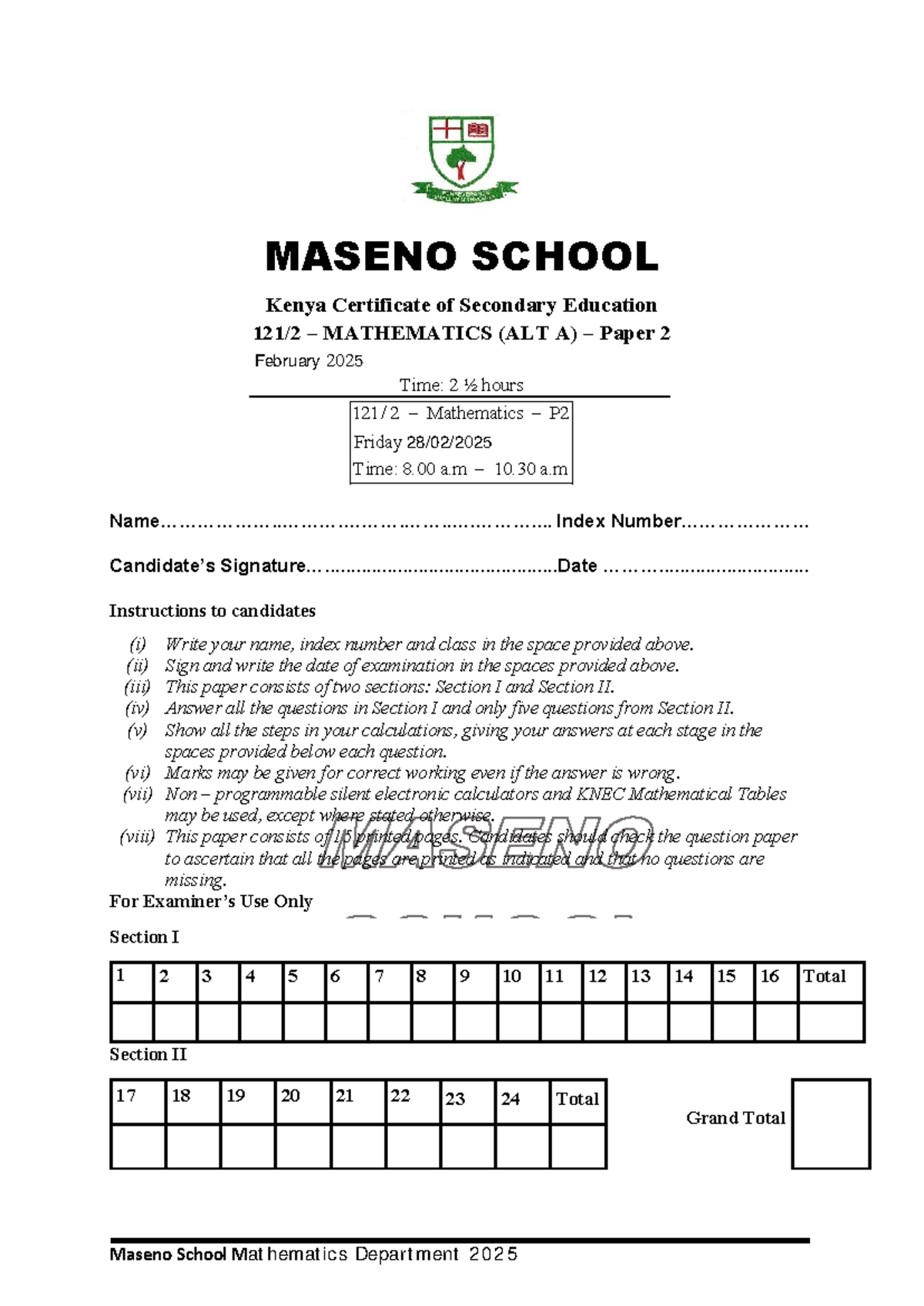 Mathematics P2 Assignment - Maseno School KCSE 2025 - Studocu
