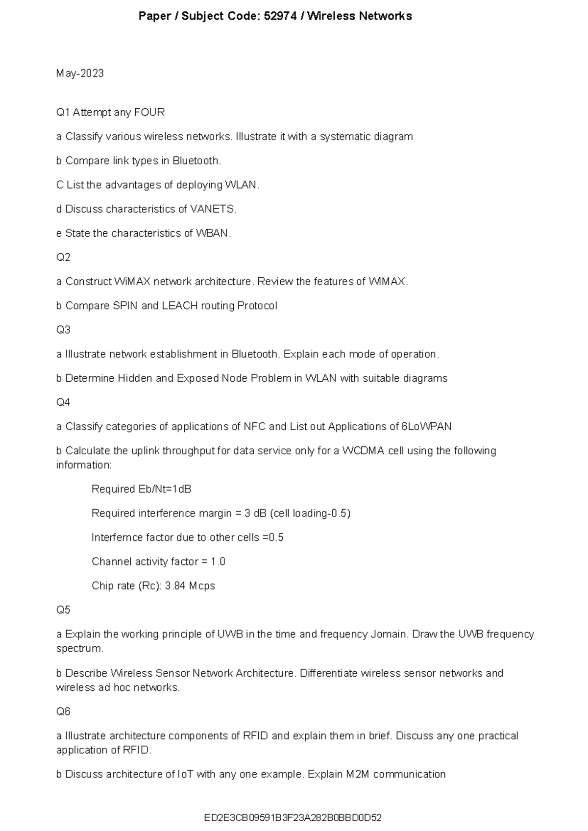 Wireless Networks (ECC802) question paper 2023-2024 - (DLOC - V ...