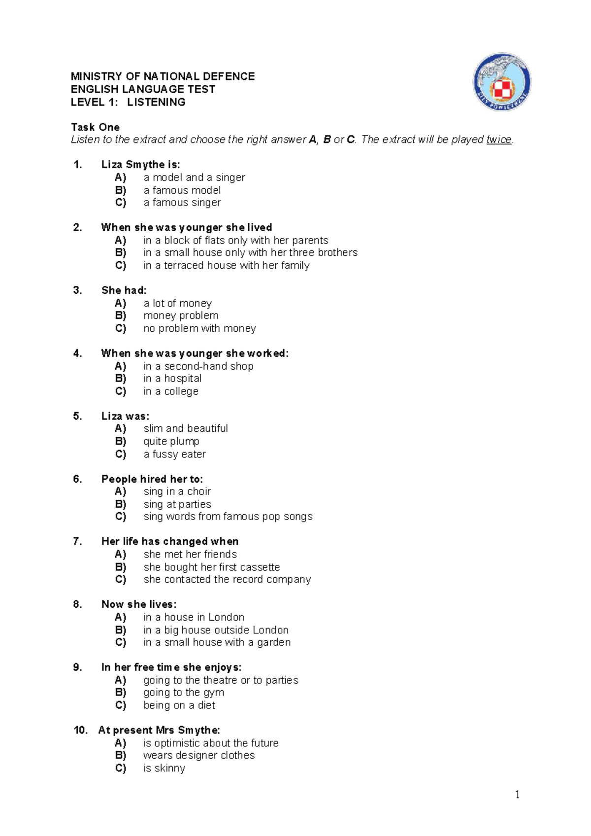 MINISTRY OF NATIONAL DEFENCE ENGLISH LANGUAGE TEST LEVEL 1: LISTENING ...