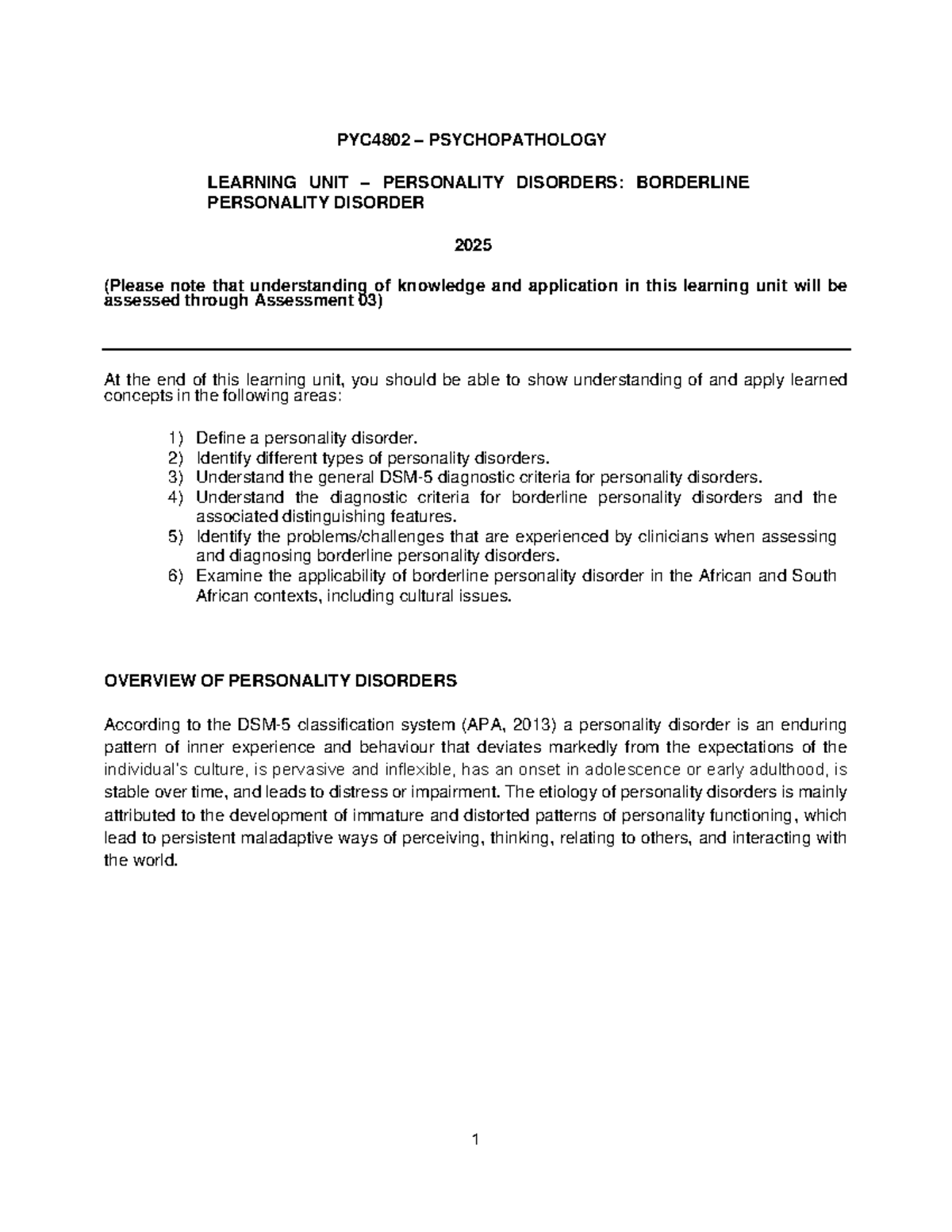 PYC4802 Final Exam Notes on Borderline Personality Disorder 2025 - Studocu