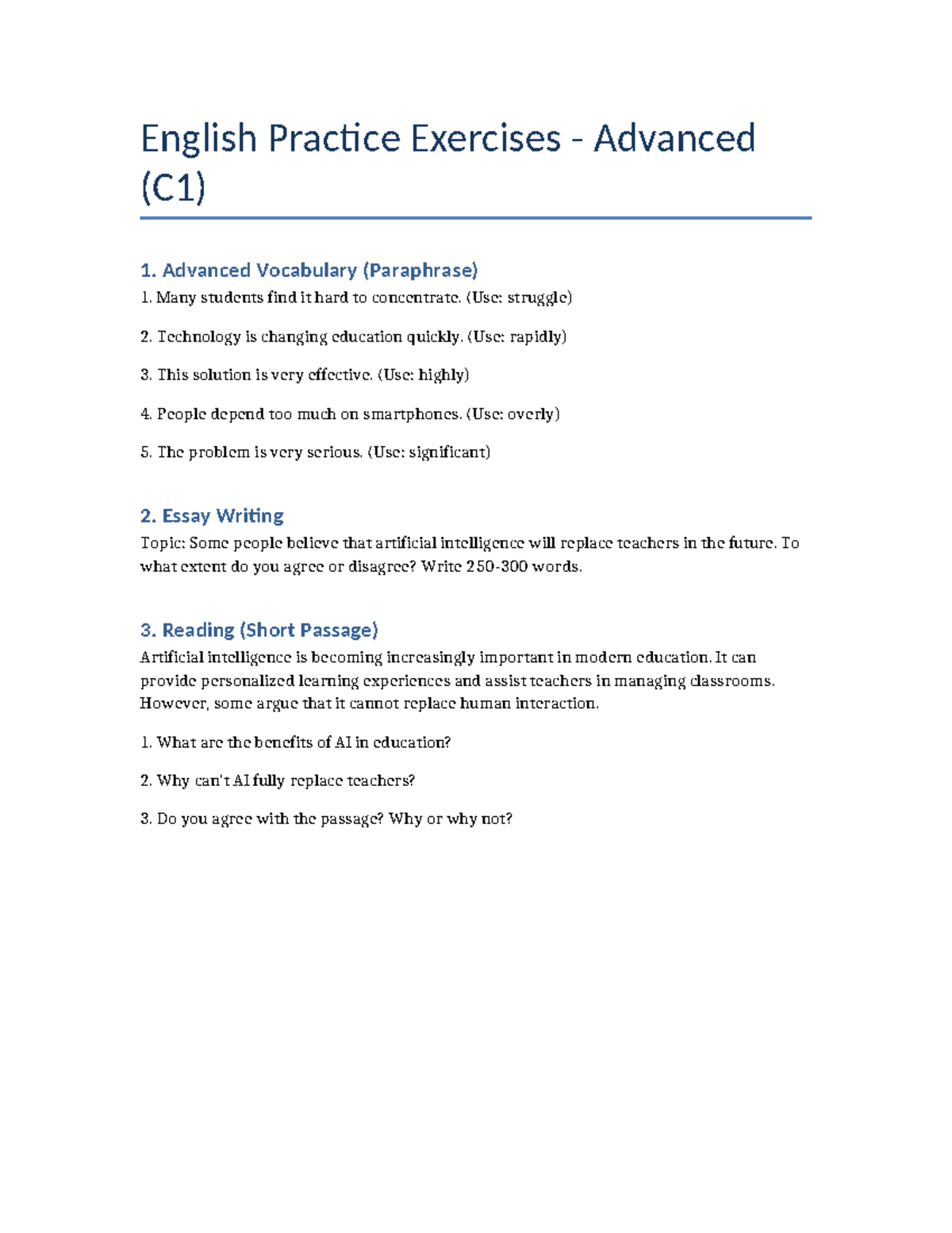 Advanced English Practice Exercises (C1) on Vocabulary & AI - Studocu