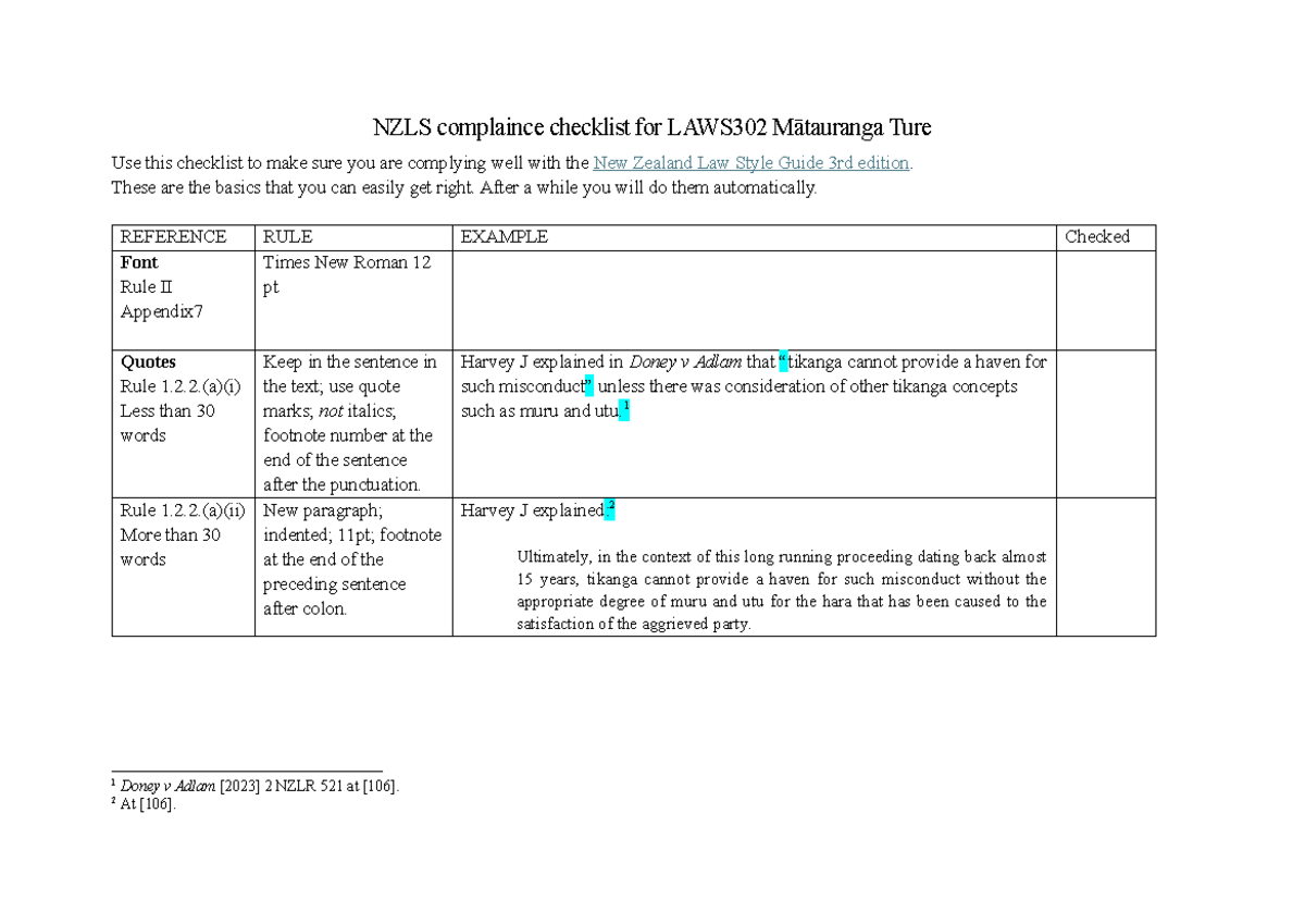 NZLS Compliance Checklist for LAWS302: Mātauranga Ture - Studocu