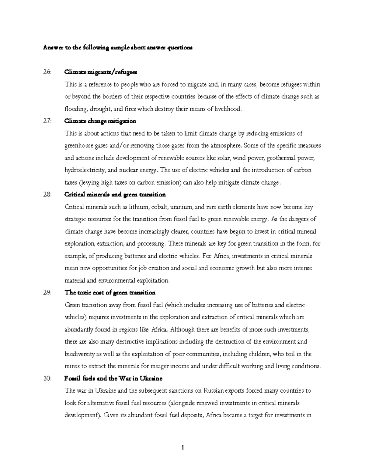 Answer to the following five sample short answer questions - 1 Answer ...