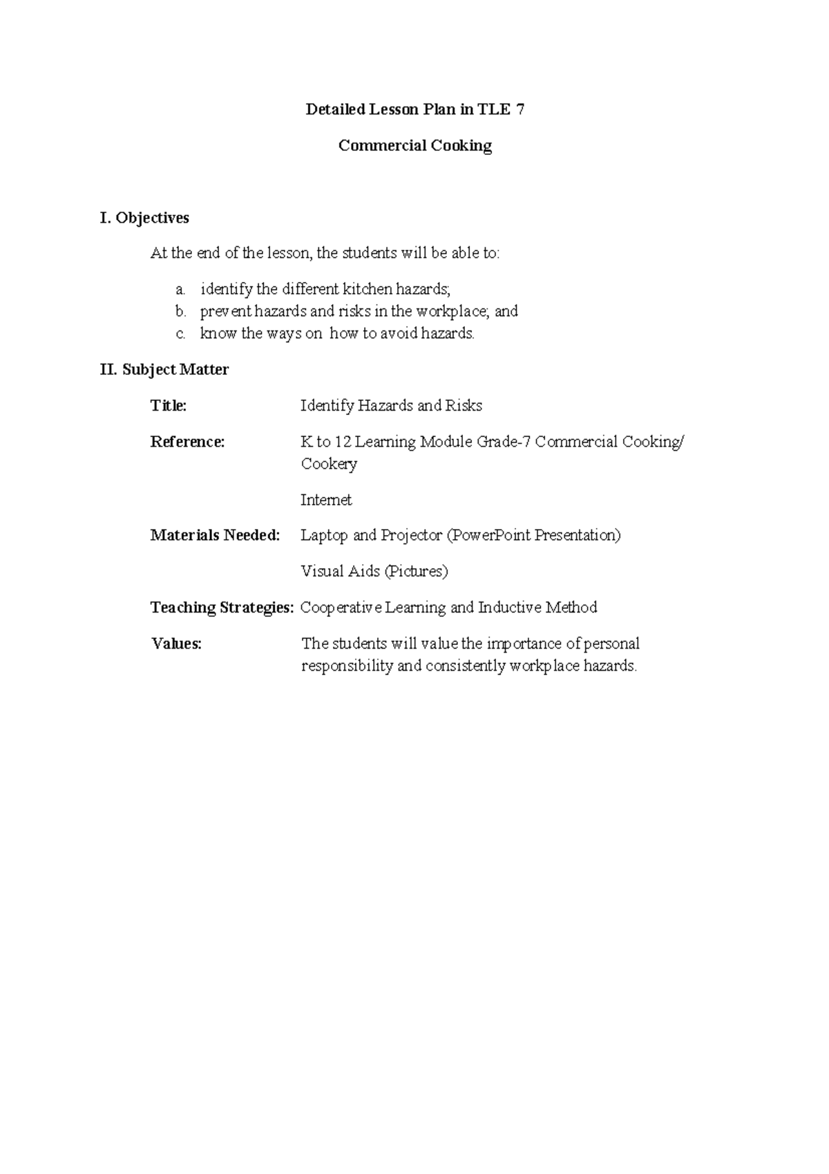 Lesson plan in tle identifying hazards and risksdocx - Detailed Lesson ...