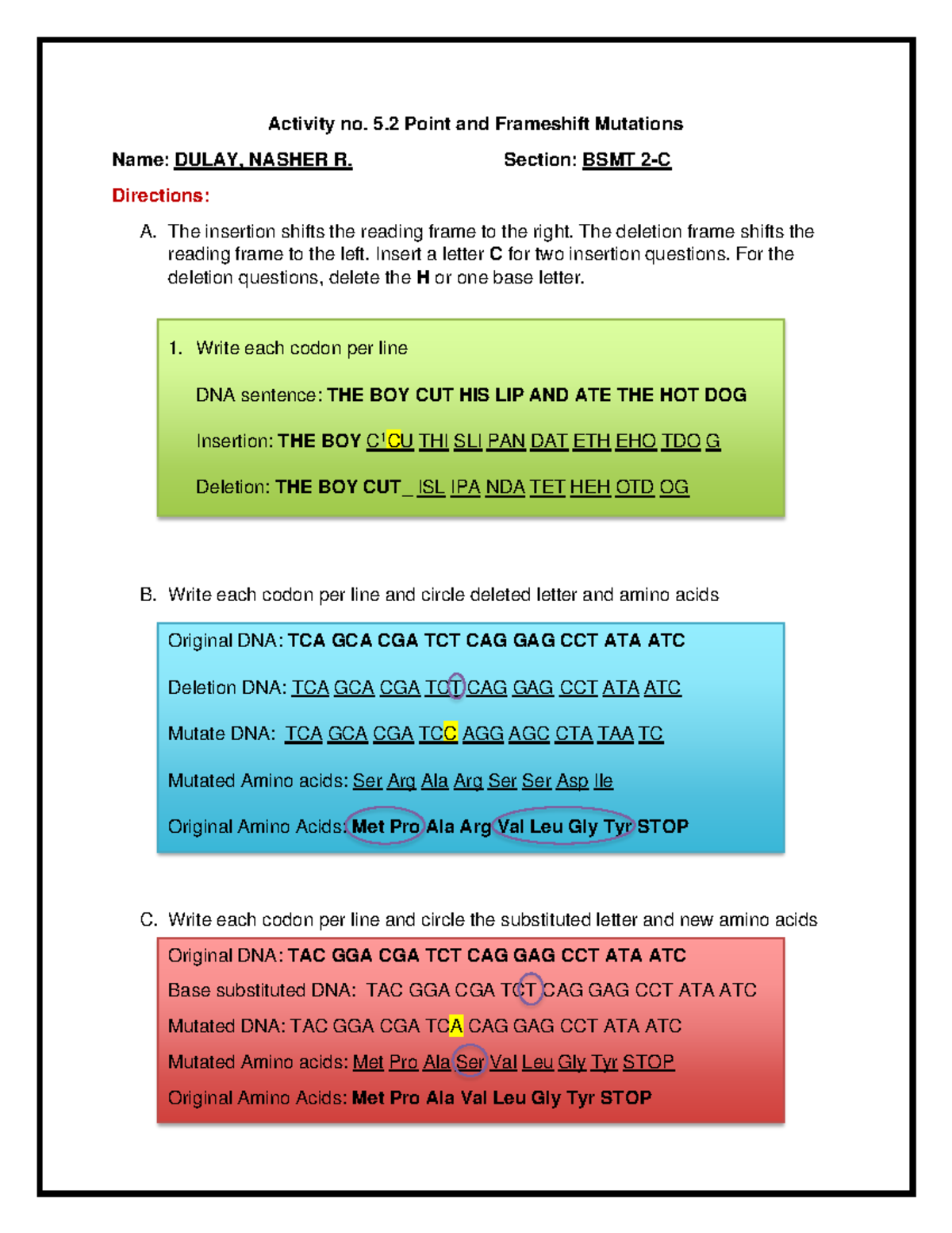 Activity no. 7.2 Point and Frameshift Mutation - Activity no. 5 Point ...