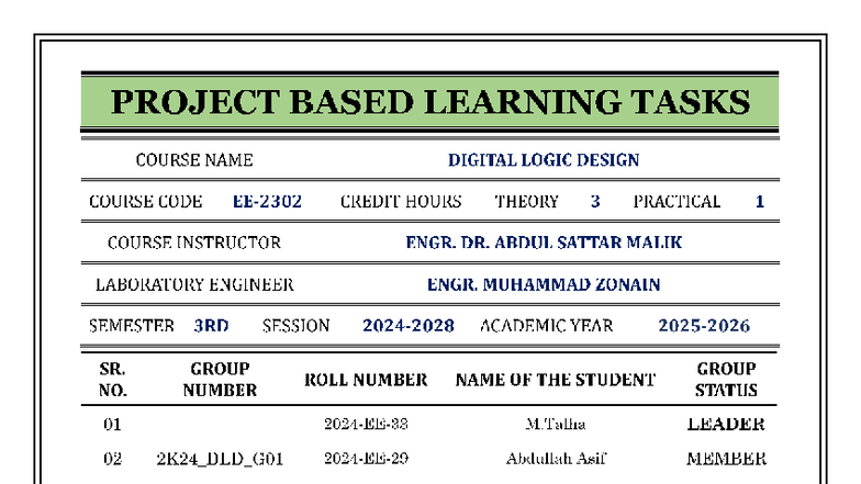 Digital Logic Design PBL Tasks - 2K24_DLD Project Overview - Studocu
