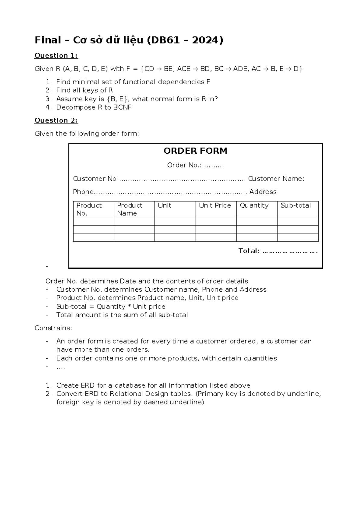 CSDL-Đề-Final DB61 2024: Functional Dependencies & ERD Analysis - Studocu