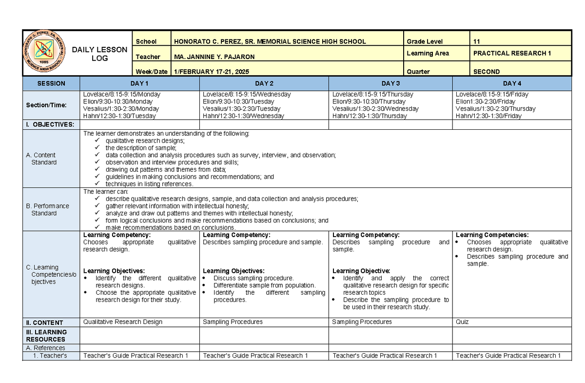 DAILY LESSON LOG: PRACTICAL RESEARCH 1 (Grade 11) - Week 1 - Studocu