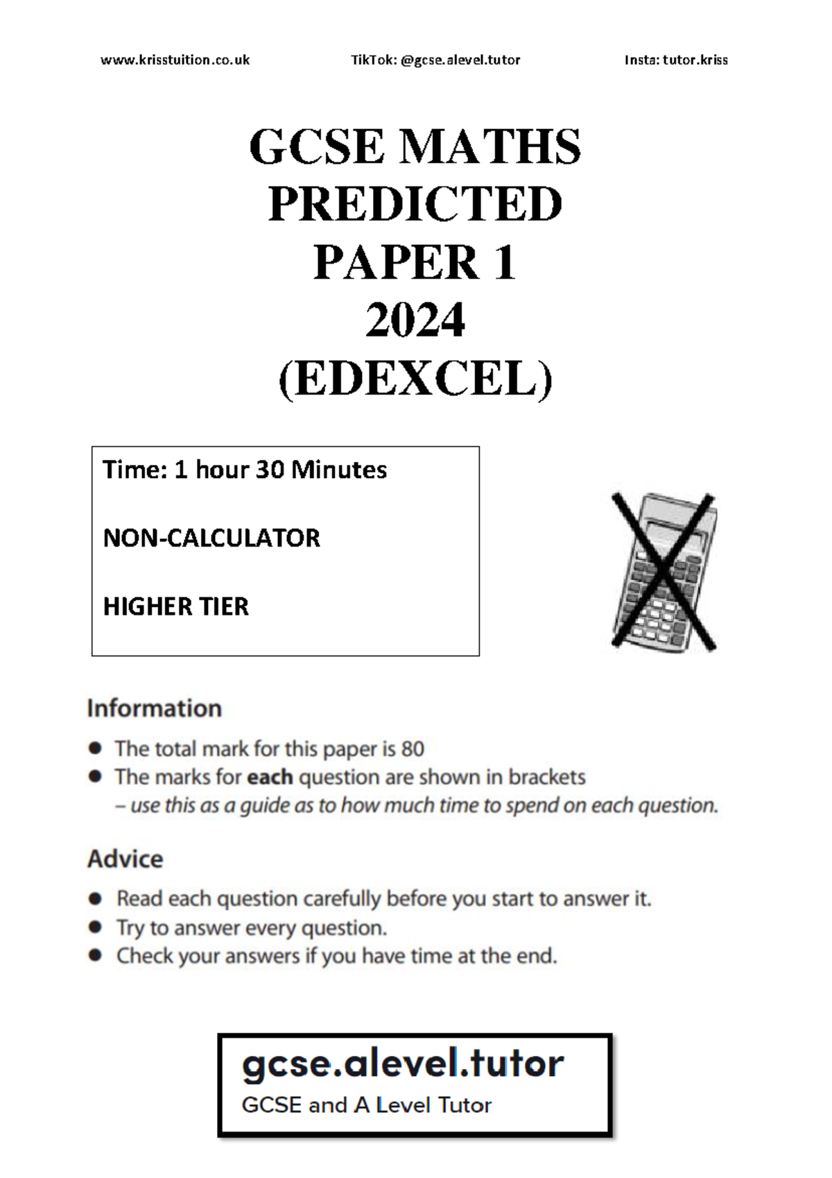 2024 GCSE Edexcel Maths Predicted Paper 1 (Higher Tier) - Studocu