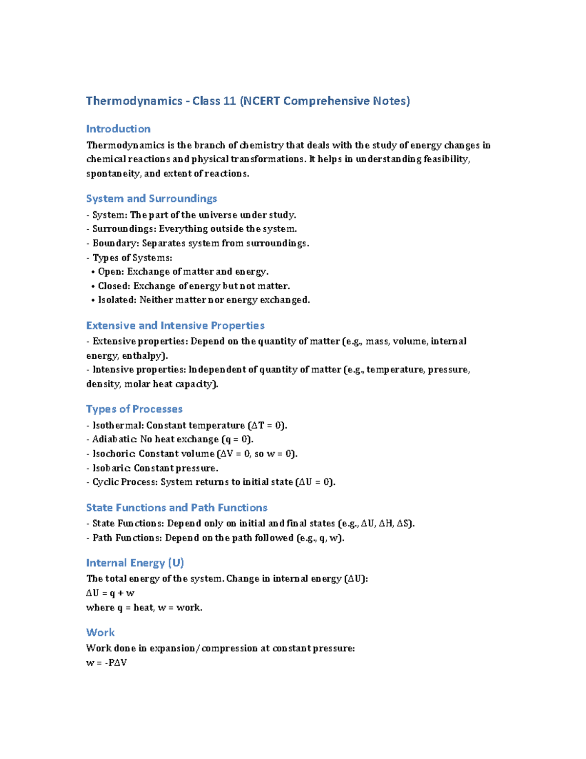 Thermodynamics Class 11: Comprehensive Study Notes on Energy Changes ...