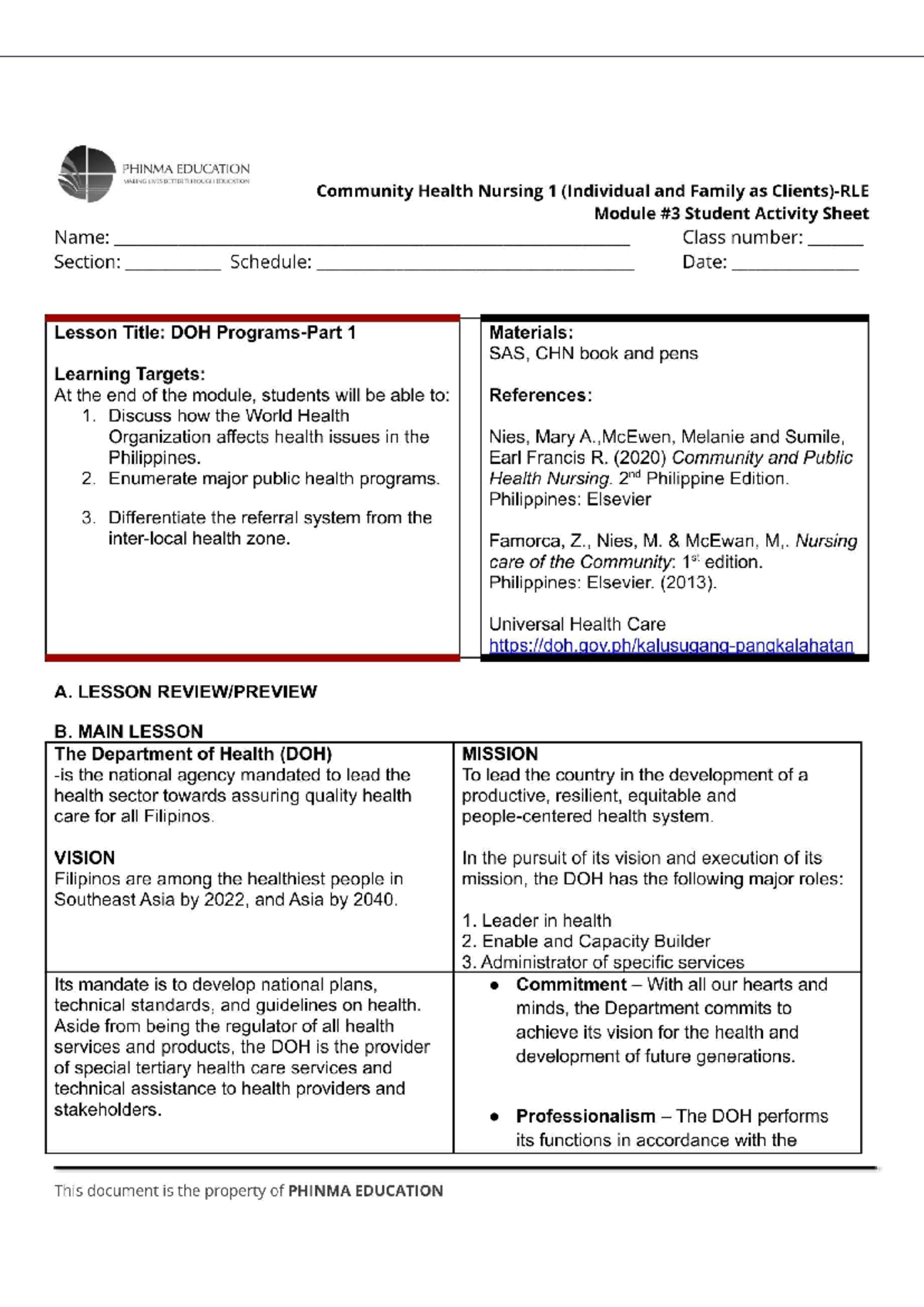 CHN 1 RLE Module 3: Community Health Nursing Activities - Studocu