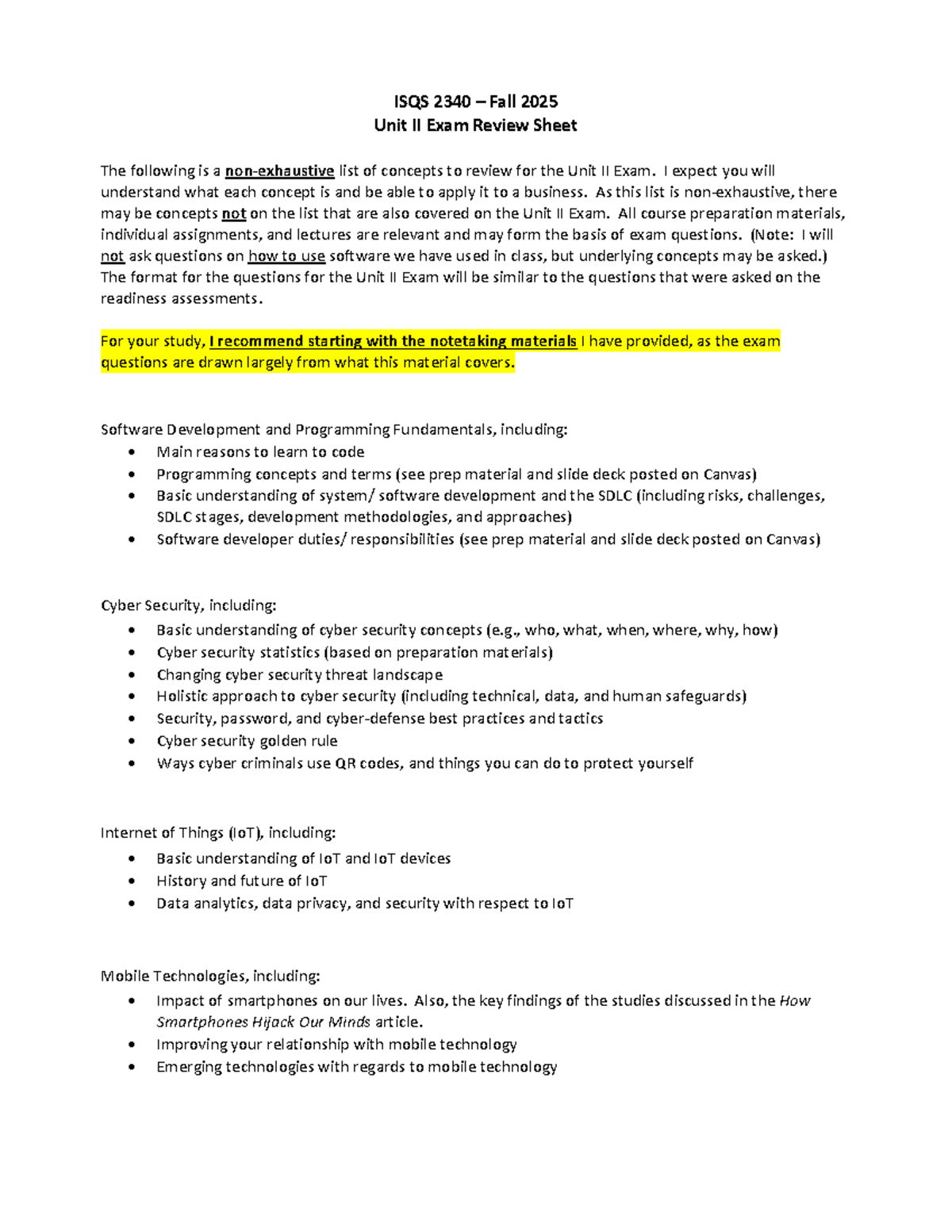 ISQS 2340 Fall 2025 Unit II Exam Study Guide & Review Sheet - Studocu