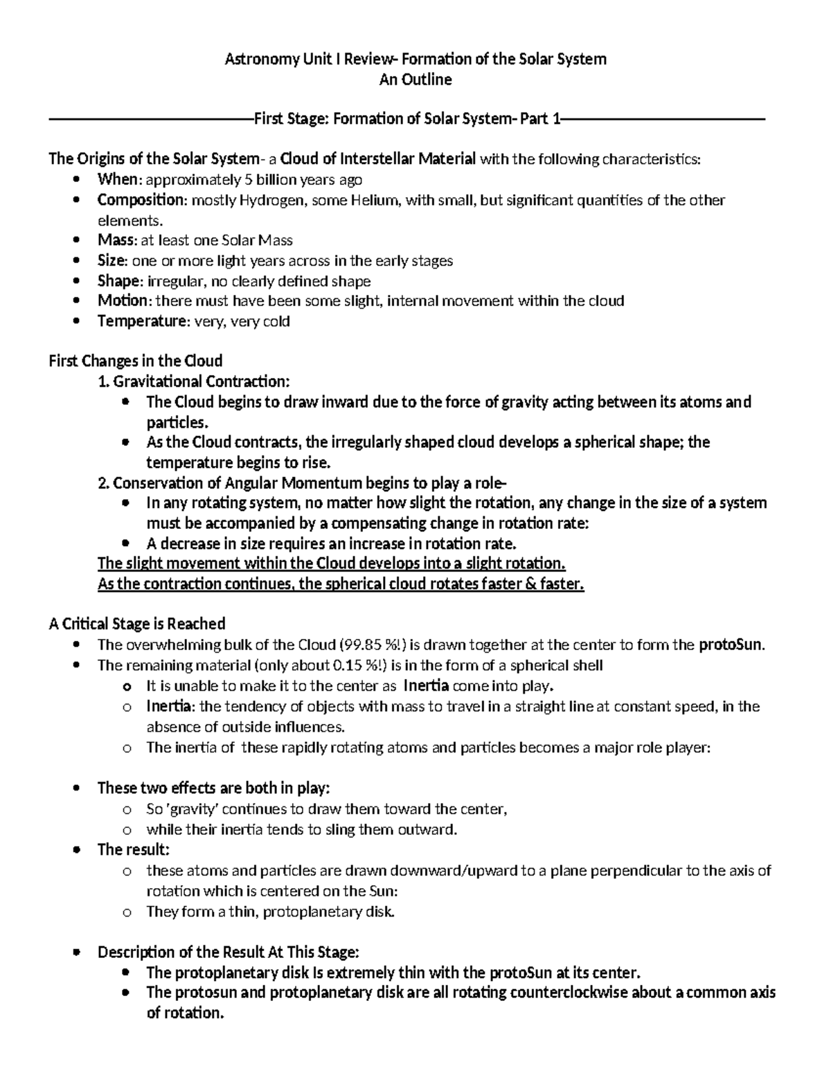 Astronomy Unit I Review: Formation of the Solar System Overview - Studocu
