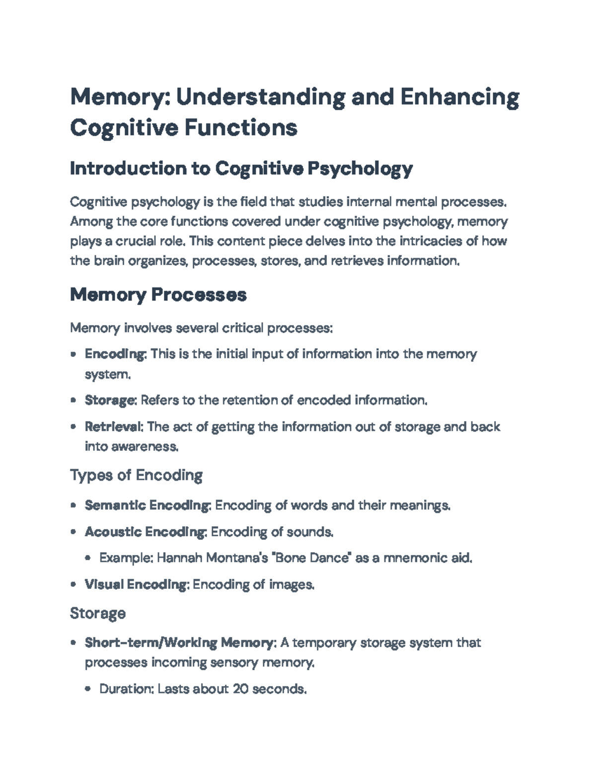 Cognitive Psychology: Memory Processes and Enhancement Techniques ...