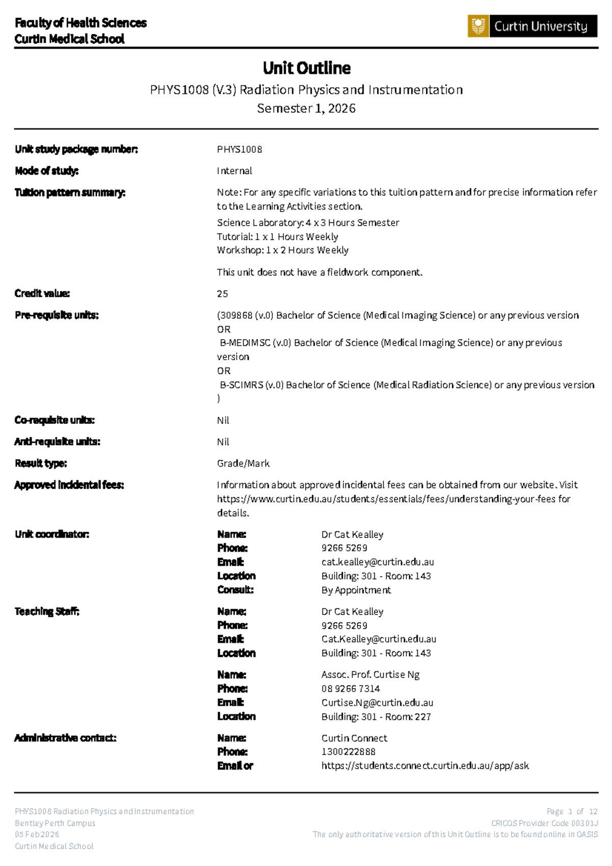 PHYS1008 Unit Outline: Radiation Physics & Instrumentation - Semester 1 ...
