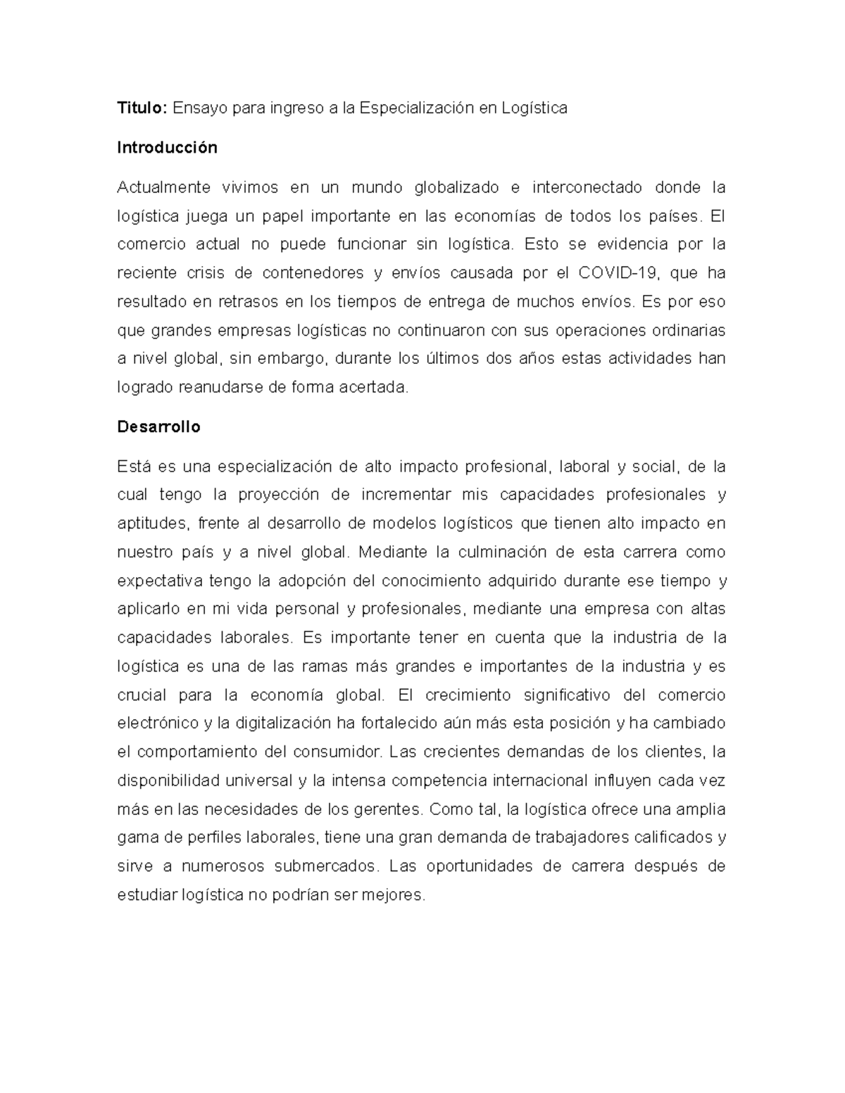 Ensayo de Ingreso a la Especialización en Logística: Perspectivas y ...