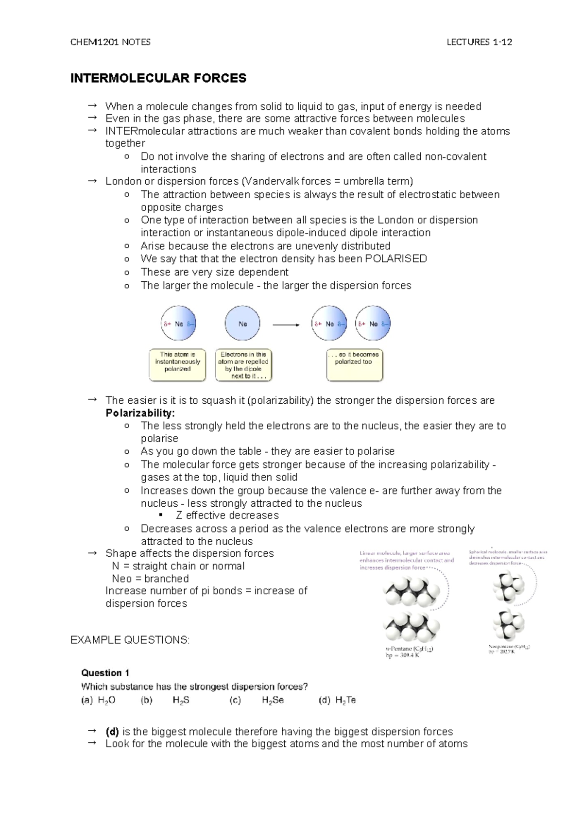 CHEM1201 NOTES LECTURES: INTERMOLECULAR FORCES & KINETICS - Studocu