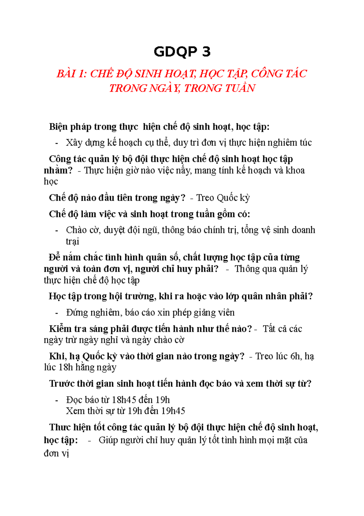 IN QP3 - GDQP3 - GDQP 3 BÀI 1: CHẾ ĐỘ SINH HOẠT, HỌC TẬP, CÔNG TÁC TRONG NGÀY, TRONG TUẦN Biện ...
