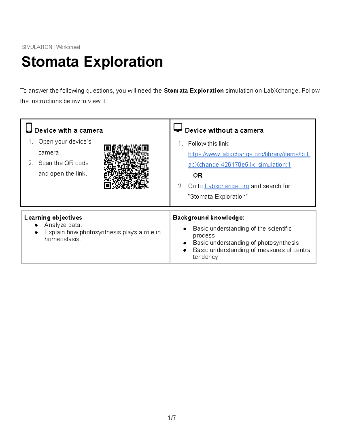 LabXchange:426170e5 Stomata Exploration Worksheet Analysis - Studocu