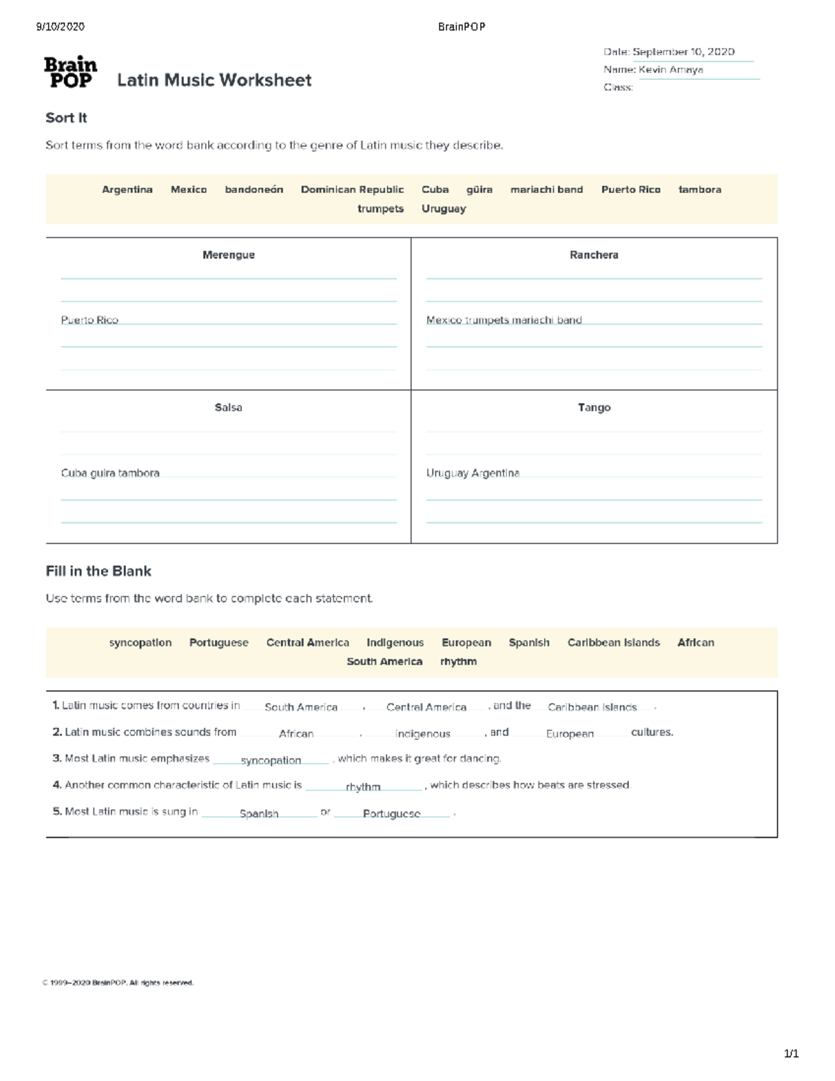 BrainPOP Latin Music Worksheet - Class Activity - Studocu