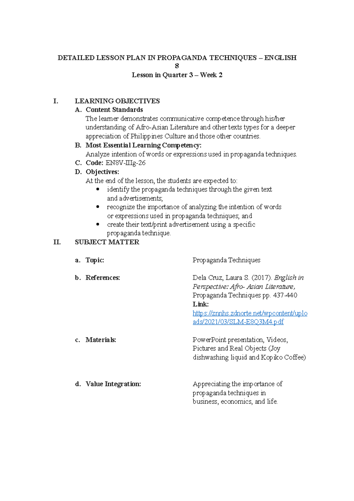 Detailed Lesson Plan: Propaganda Techniques in English (EN8V-IIIg ...