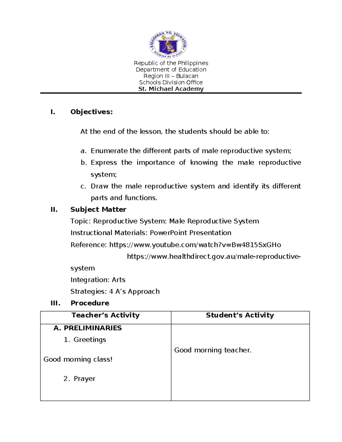 Lesson Plan in Elementary: Male Reproductive System Overview - Studocu