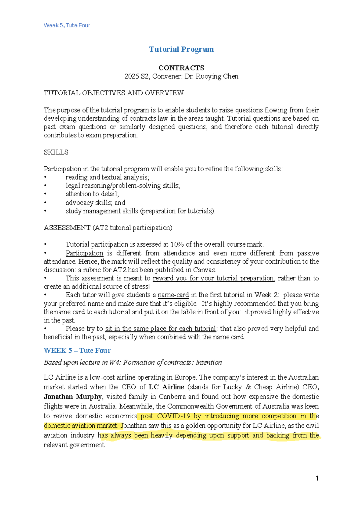 Week 5 Tute Four: Contracts Law Overview & Case Study 2025 S2 - Studocu