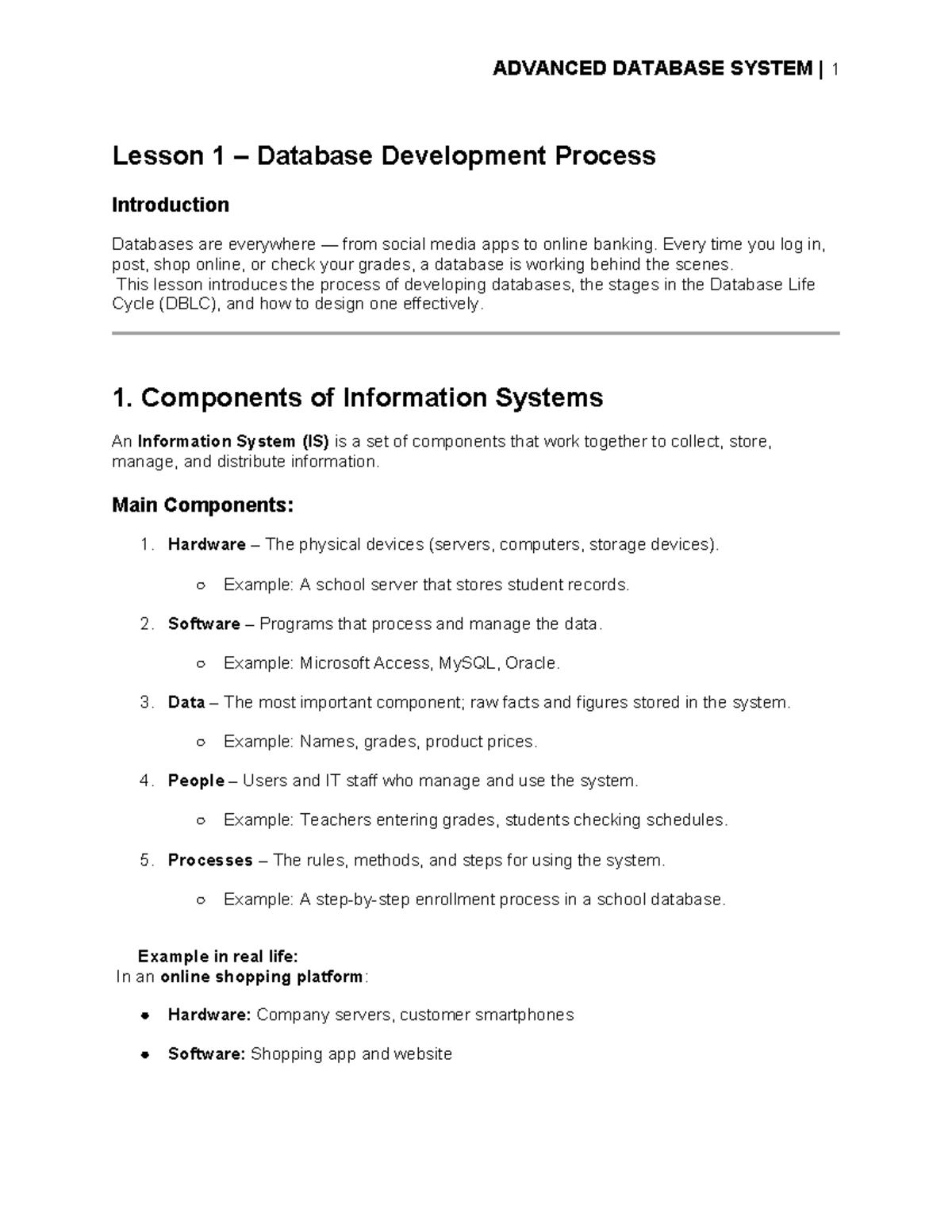 ADVANCED DATABASE SYSTEM 1 Lesson 1: Database Development Process Overview - Studocu