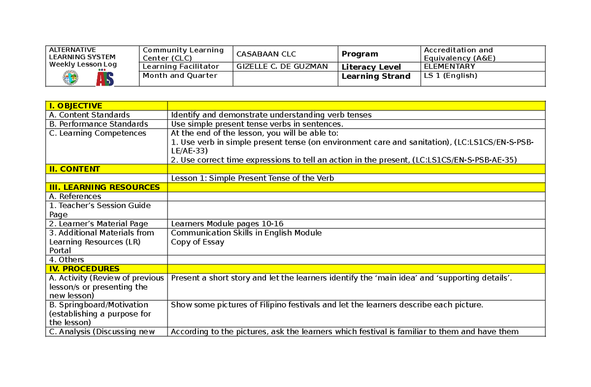 Alternative Learning System (ALS) Weekly Lesson Log: Simple Present ...