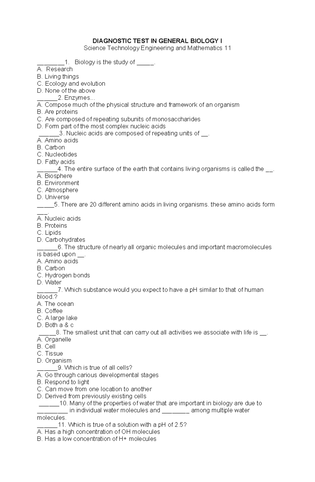 Diagnostic Test in General Biology I: Key Concepts and Questions - Studocu